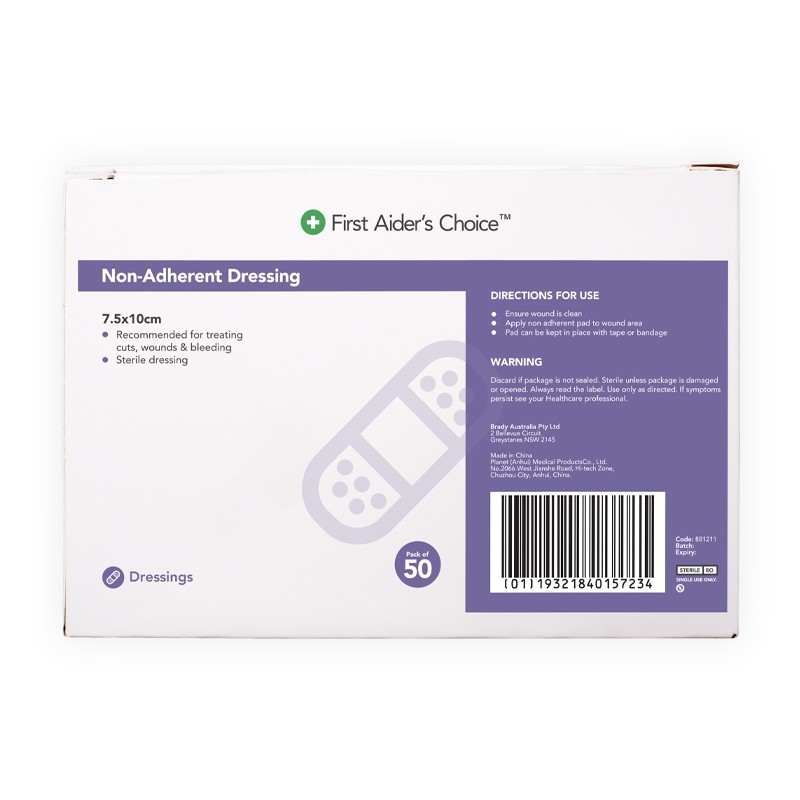 First Aiders Choice Non-Adherent Dressing, 7.5cm (W) x 10cm (H), Box of 50